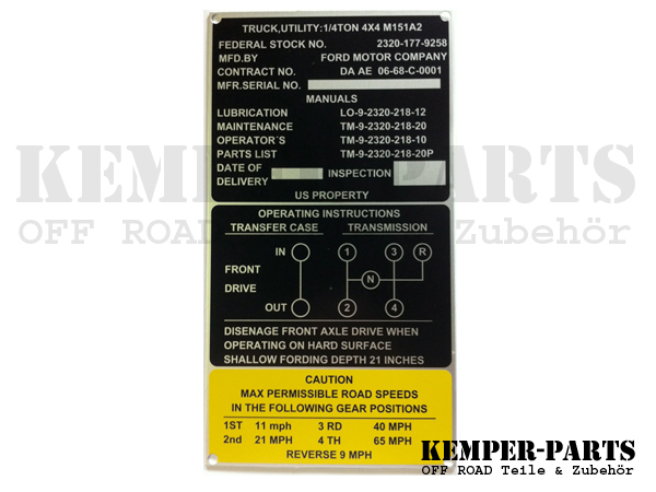 M151 Data Plate A2 | Sticker / Labeling / Type Plates | FORD MUTT M151 ...